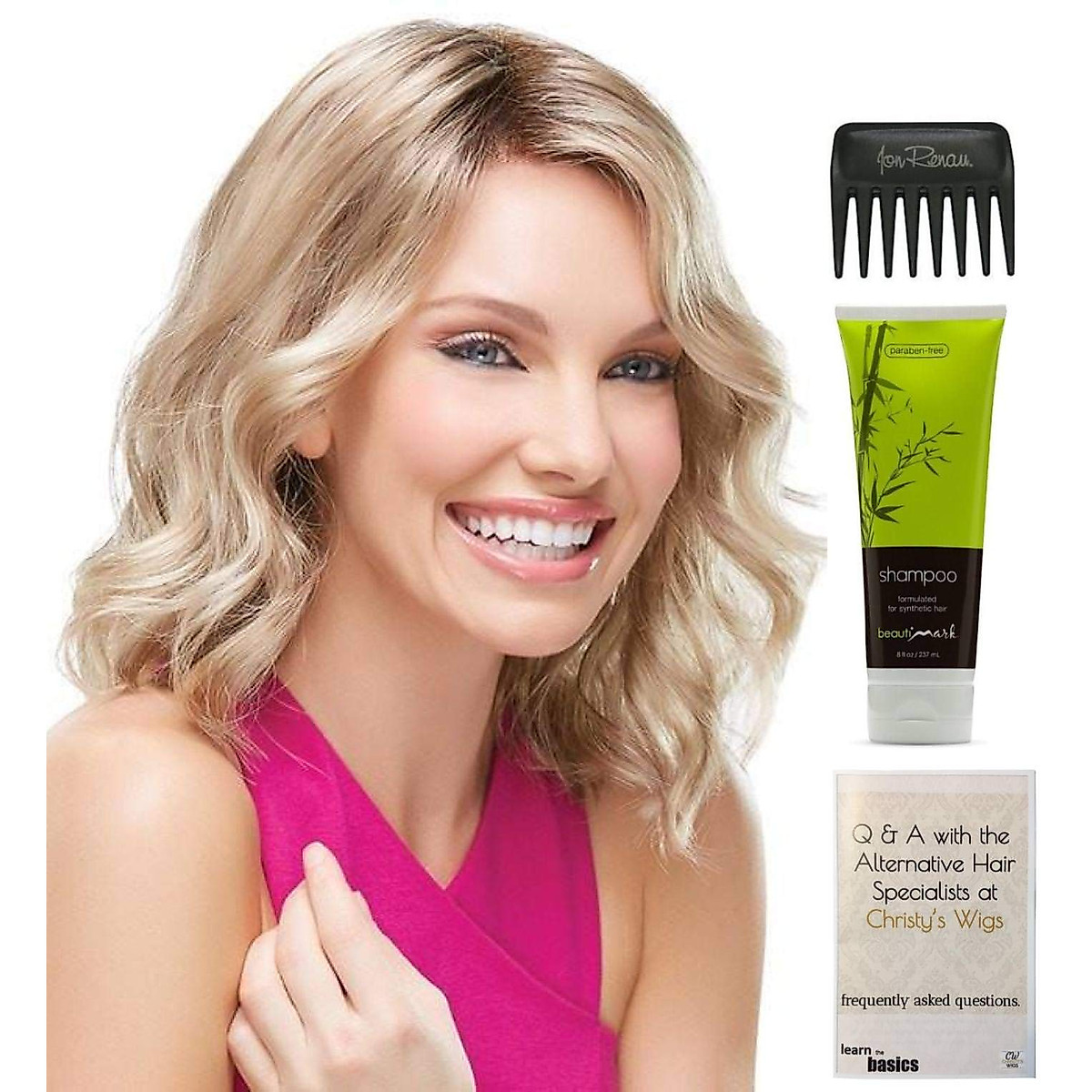Bundle - 4 items: Scarlett Petite Wig by Jon Renau, Christy's Wigs Q & A Booklet, BeautiMark Synthetic Shampoo & Wide Tooth Comb - Color: 24BT18