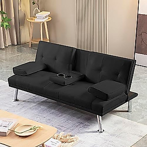 Anwick Modern Leather Futon Sofa Bed,Convertible Folding Couch Recliner Sleeper Loveseat for Small Space,Apartment,Office,Dorm,with Cup Holders and Removable Armrest (Black-New)
