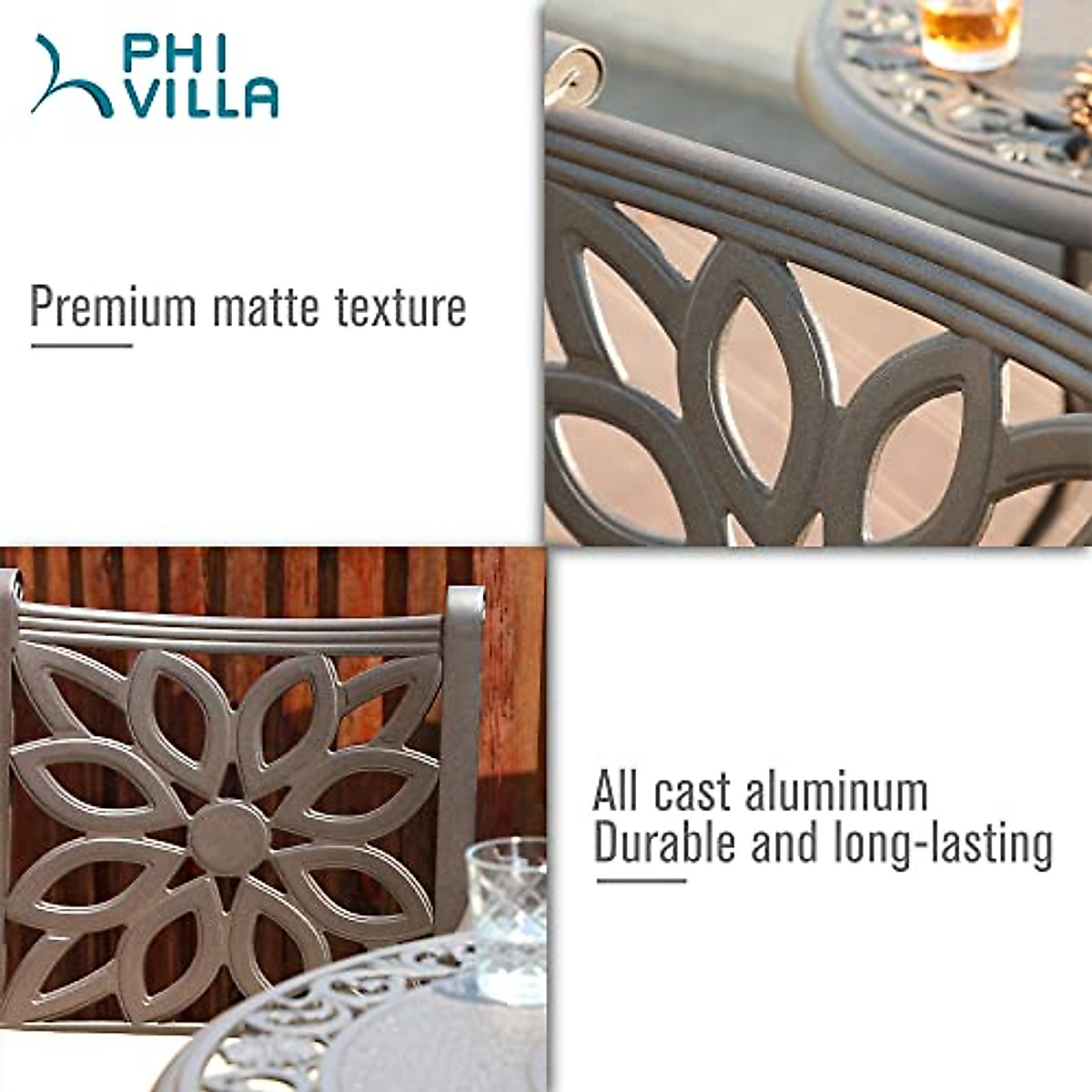 PHI VILLA Outdoor Swivel Bar Stools, Cast Aluminum Patio Pub Height Swivel Arms Chairs with Seat Cushion, Set of 2, Easy Assemble