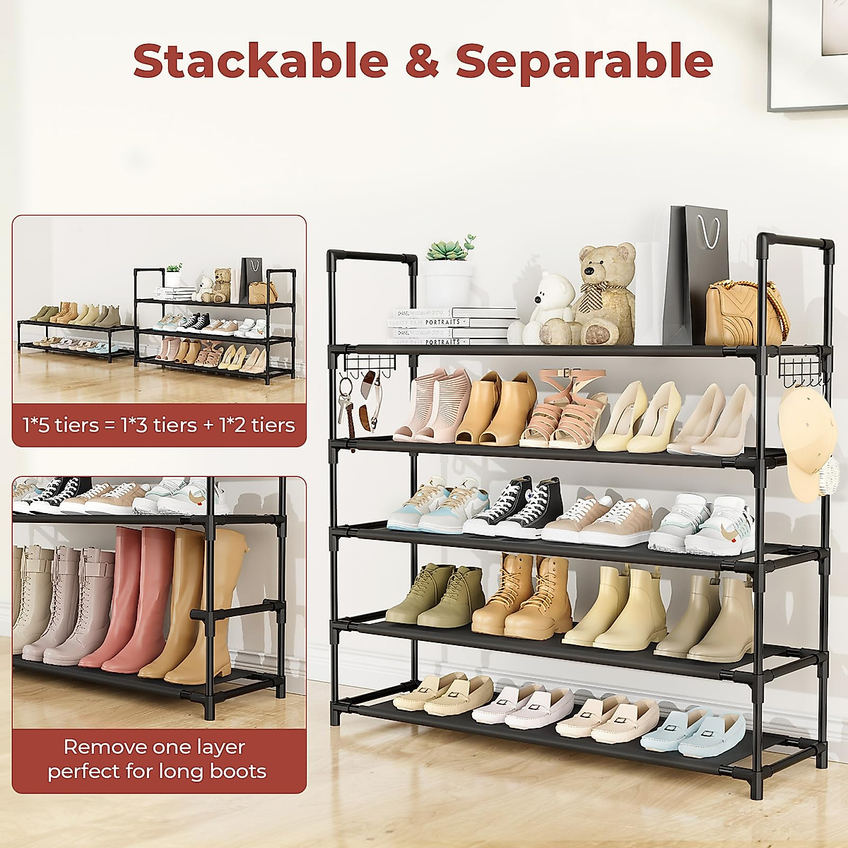 VTRIN 5 Tier Shoe Rack for Closet Shoe Organizer Storage 20-25 Pair Shoe and Boot Long Shoe Shelf with Hook Space Saver Free Standing Shoe Rack Organizer for Front Door Entryway, Small Spaces