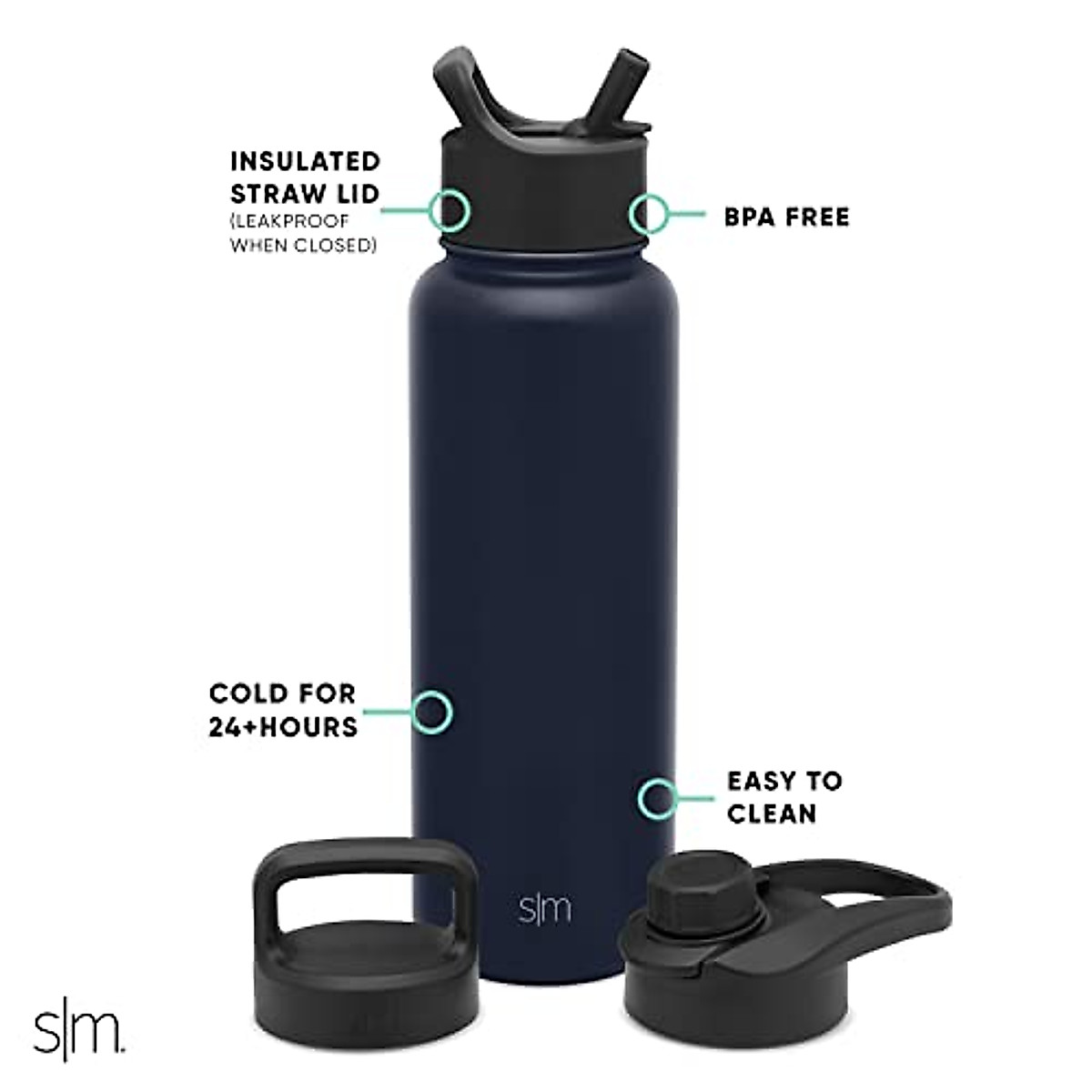 Simple Modern Water Bottle with Straw, Handle, and Chug Lid Vacuum Insulated Stainless Steel Metal Thermos Bottles | Large Leak Proof BPA-Free Flask for Gym | Summit Collection | 40oz, Deep Ocean