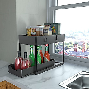 Under Kitchen Sink Organizers,2 layer black multi-purpose sink below tissue and bathroom kitchen storage,includes 4 hooks for 1 hanging cup, bottom with handle for slide out basket