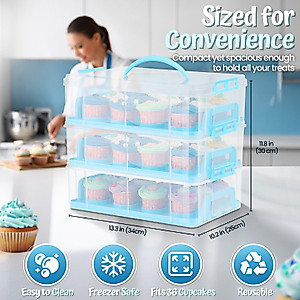Flexzion 36 Cupcake Carrier 3 Tier Stackable Storage Container Collapsible Cake Carrier with Lid and Handle, Reusable Rectangular Plastic Dessert Travel Container, Display Holder Transport Box (Blue)