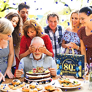 Blue 80th Birthday Gift Bag, Large Navy Blue Gold Happy 80th Birthday Gift Bag with Greeting Card and Tissue Paper for Men Women 80 Years Old Anniversary Birthday Party Favors Goodie Wrap Bag Supplies