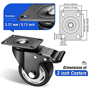 Caster Wheels - 3 Inch Casters Set of 4 Heavy Duty, BOSGEOT Locking Industrial Casters with 360 Degree No Noise Polyurethane Wheels, Swivel Plate Casters with Brake - Pack of 4