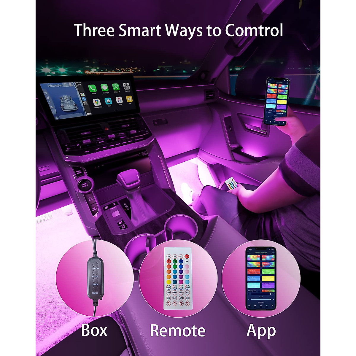 Keepsmile Interior Car Lights Accessories APP Control with Remote Music Sync Color Change RGB Under Dash Car Lighting with USB Charger 12V 2A Led Lights for Jeep Truck