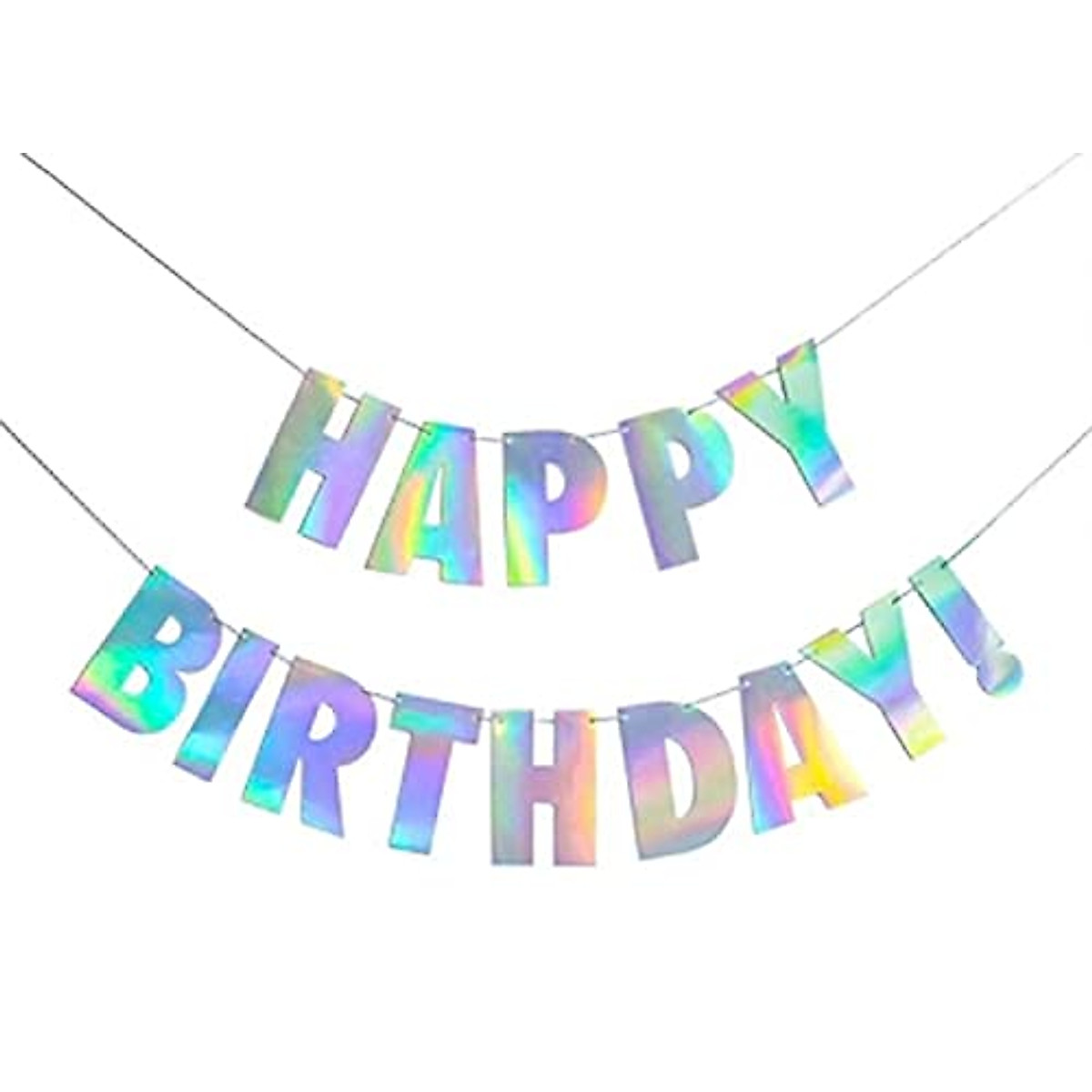 CareCheer Pre-Strung Happy Birthday Sign - NO DIY - Holographic Hanging Banner Iridescent White Bunting String Flag Garland for Party Decorations