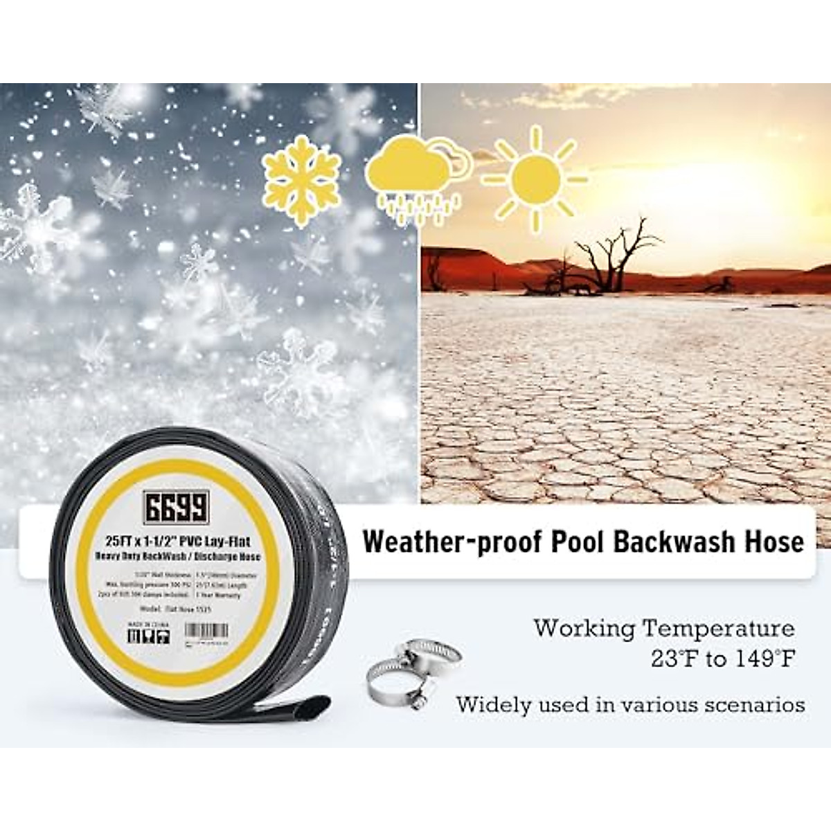 6699 Water Discharge Hose 1-1/2” ID PVC Lay Flat 25FT Length with Clamps Heavy Duty Backwash Hose Easy Installation for Swimming Pools Pump Accessory Household Drainage Kit