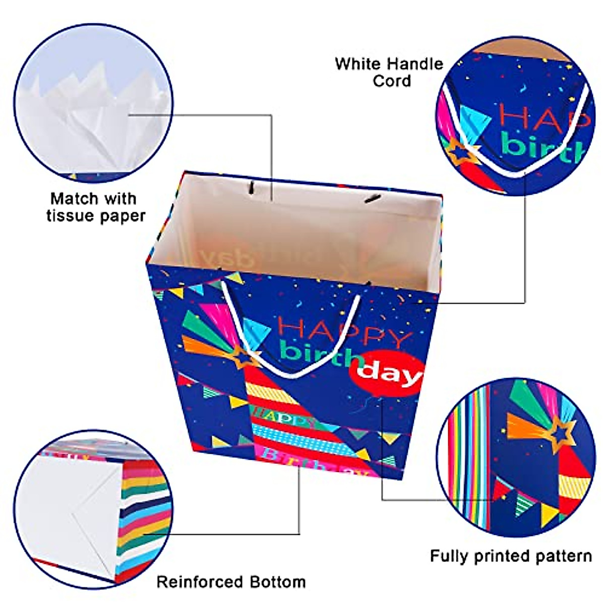Birthday Gift Bag with Handle and Tissue Paper, 12 Pcs Gift Bags Assorted Sizes and Designs, Large, Medium, Small Size Birthday Gift Bag for Boys, Girls, Women and Men’ Birthdays Party ( Sizes 15.5”, 13”, 9” )