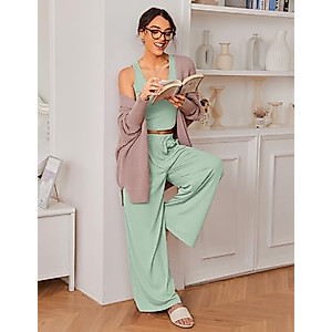 Ekouaer Women's Pajamas 2 Piece Lounge Set Ribbed Knit Loungewear Sleeveless Tank Top Wide Leg Pants,Light Green,S