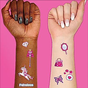 Konsait 96pcs Glitter Pink Temporary Tattoos for Girls Kids Tattoos Temporary for birthday party -Waterproof Princess Fairy Tattoos for Birthday Party Favors