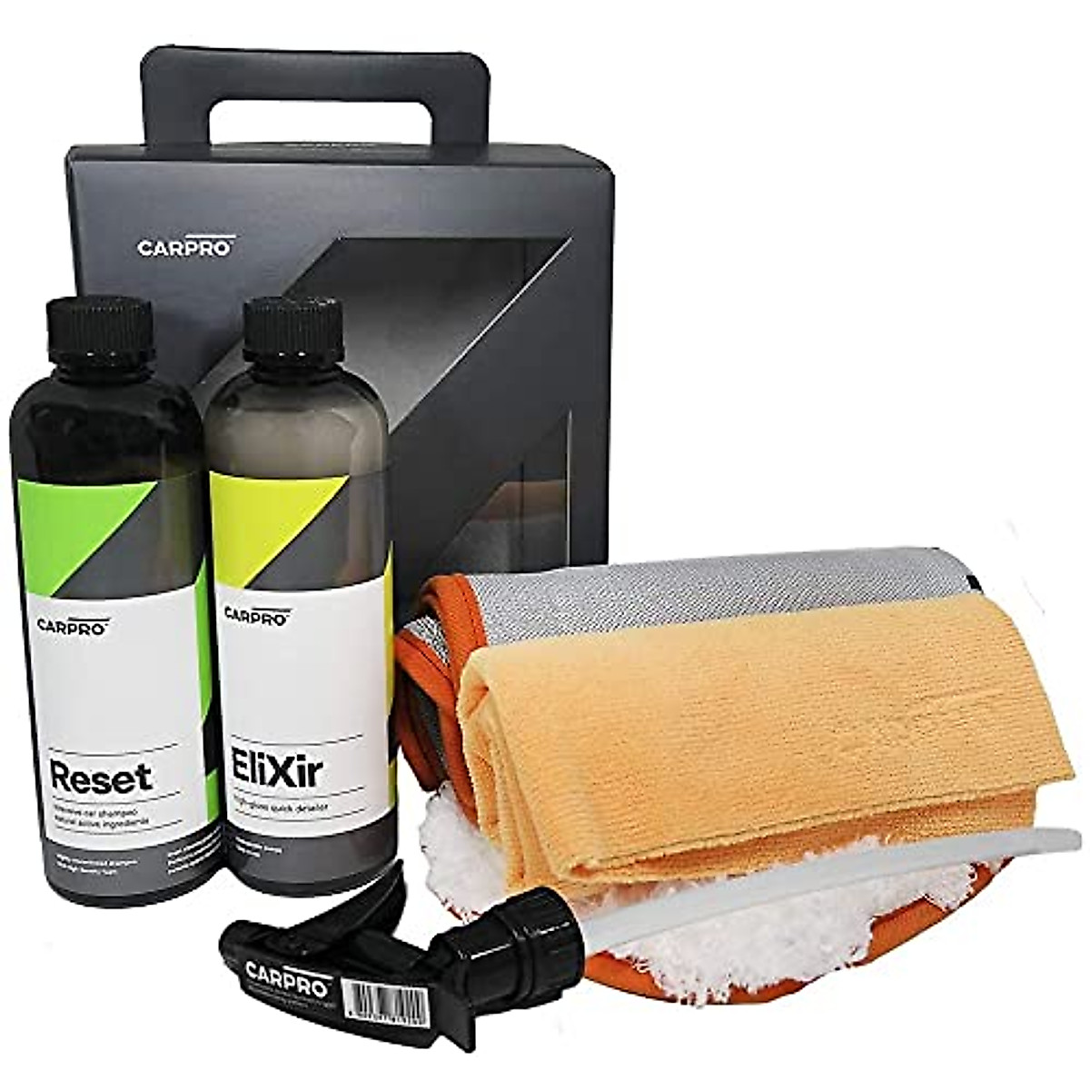 CARPRO Wash Box - 5 Products Including: Elixir, Reset, Microfiber Wash Mitt, DHydrate Drying Towel & 2 Face No Lint Towel - Everything to Wash Your Car All Season Long, 16 Treatments