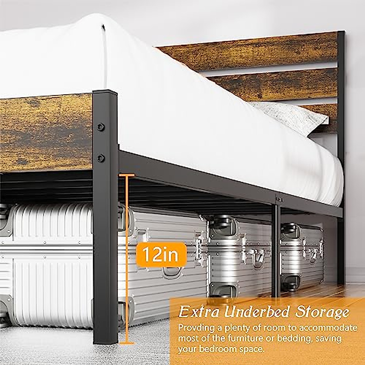 Walsunny Queen Size Bed Frame with Rustic Vintage Wood Headboard and Footboard, Strong Metal Slats Support, Under Bed Storage, Easy to Install, Sturdy and Stable, No Box Spring Needed