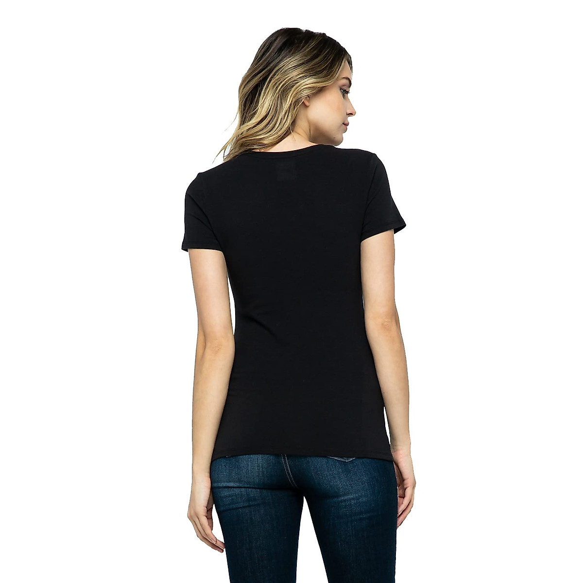 Women's Basic Solid Active Soft Cotton Short Sleeve V Neck Slim Fitted Top T-Shirts in Black - M