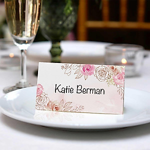 Pink Flower Place Cards for Table Setting, 2" x 3.5" Pack of 50 Floral Wedding Place Cards, Elegant Reception Name Cards, Rose Gold Wedding Decorations
