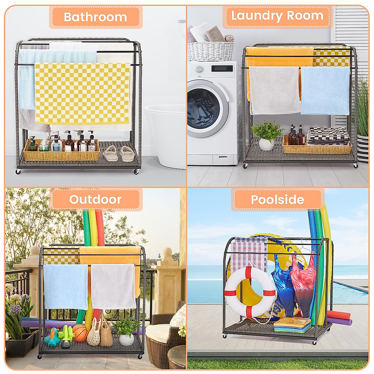 Flarhetoric Pool Towel Rack,Outdoor Pool Storage Rack with Rattan Base and 5 Towel Bars,Pool Float Storage with Compartments, Store Buoys, Pool Floats, Swimming Rings, Suitable for Outdoor/Indoor