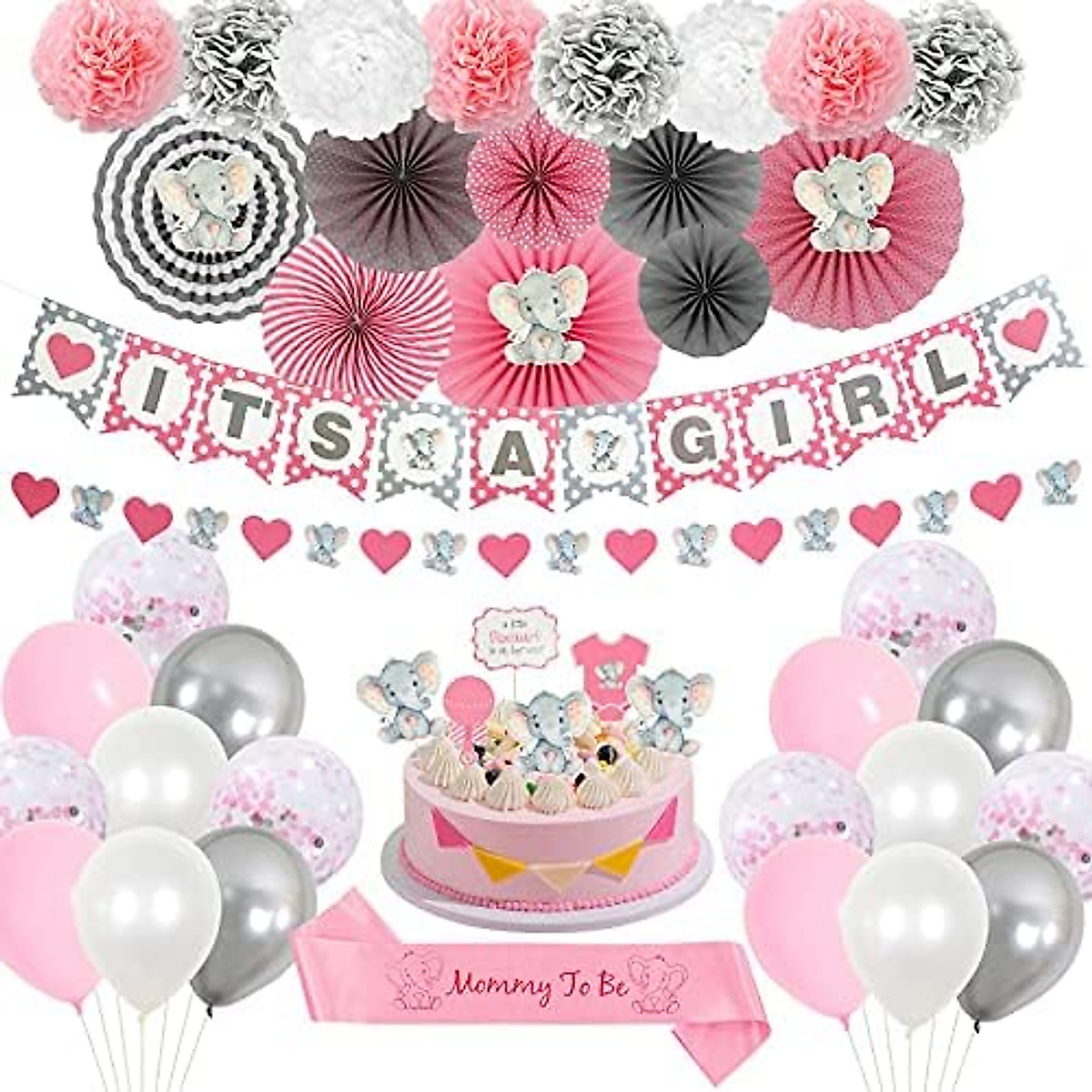 Elephant Baby Shower Decorations – It's a Girl Baby Shower in Pink and Gray Theme – Cute Elephant Party Kit – Virtual Baby Shower Decorations – Multipurpose Elephant Décor – Ready To Install