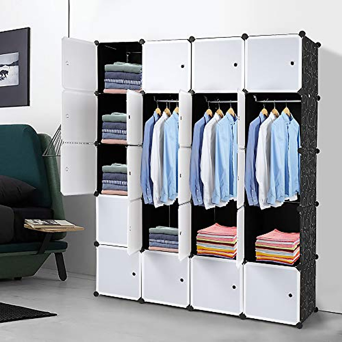 Trlec 20 Cube Organizer Stackable Plastic Cube Storage Shelves Design Multifunctional Modular Closet Cabinet with Hanging Rod White Doors and Black Panels