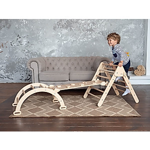 Woodandhearts 3 in 1 Pikler Triangle Set, Montessori Baby Climbing Set - Pikler Triangle Gym - Toddler Jungle Gym - Climbing Toys for Toddlers 1-3 Inside