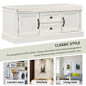 Shoe Bench Entryway with Storage, Entryway Bench with Removable Cushion, Solid Wood Storage Bench with 2 Drawers and 2 Cabinets for Living Room, Hallway, Closet, 42.5"L x 15.9"W x 17.5"H，White