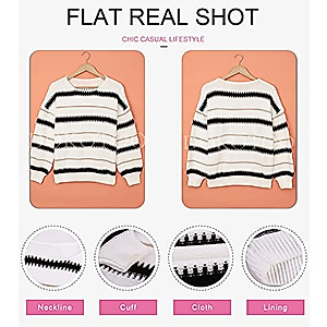 Dokotoo Long Sleeve Crewneck Striped Pullover Sweaters for Women Winter Casual Loose Knit Pullover Sweater Jumper Tops White Medium