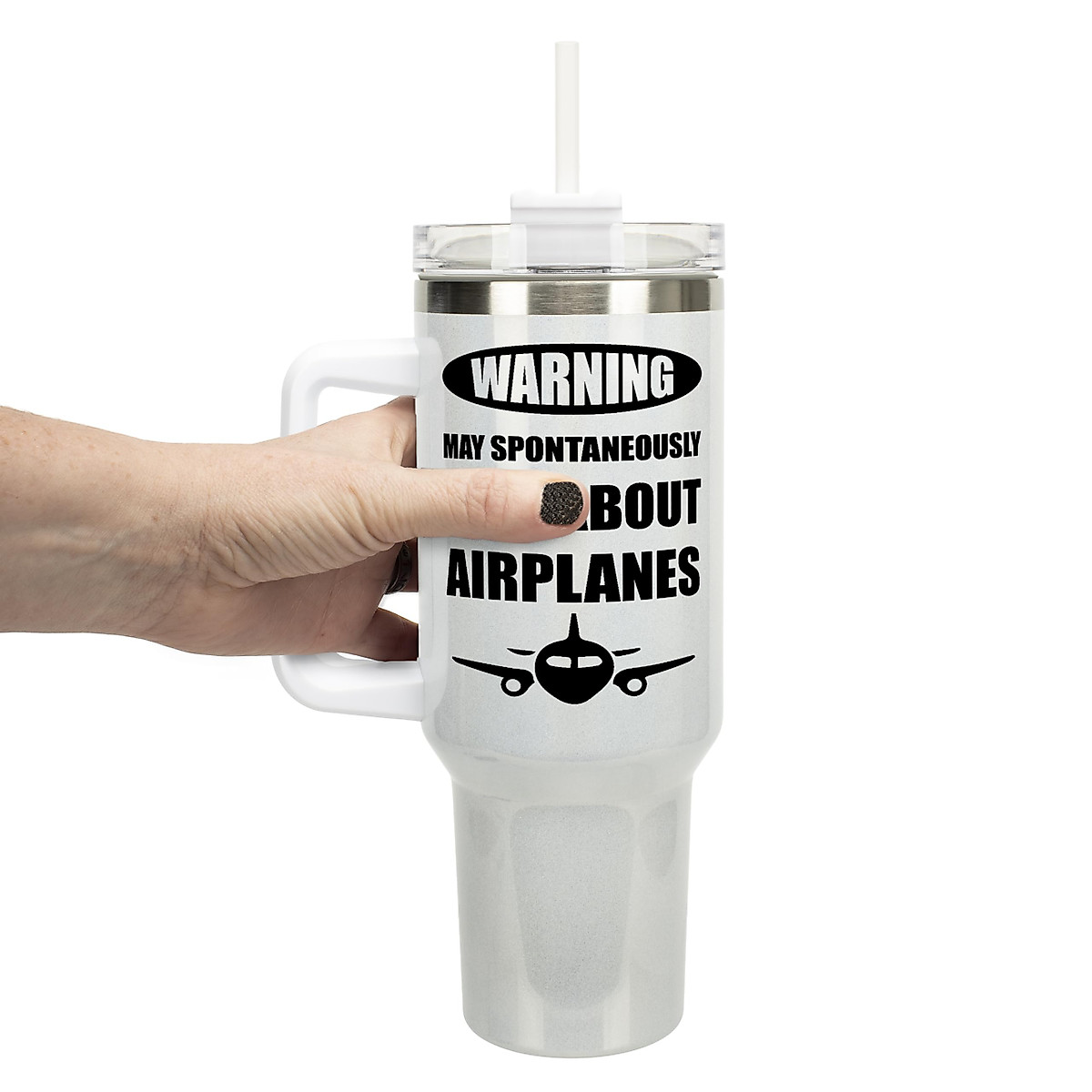 Elanze Designs Warning May Talk About Airplanes Pilot 40 oz. Stainless Steel, Large Water Bottle Coffee Mug, Spill & Leak Resistant, Thermal Travel Tumbler with Handle, Lid & Straw, White Shimmer