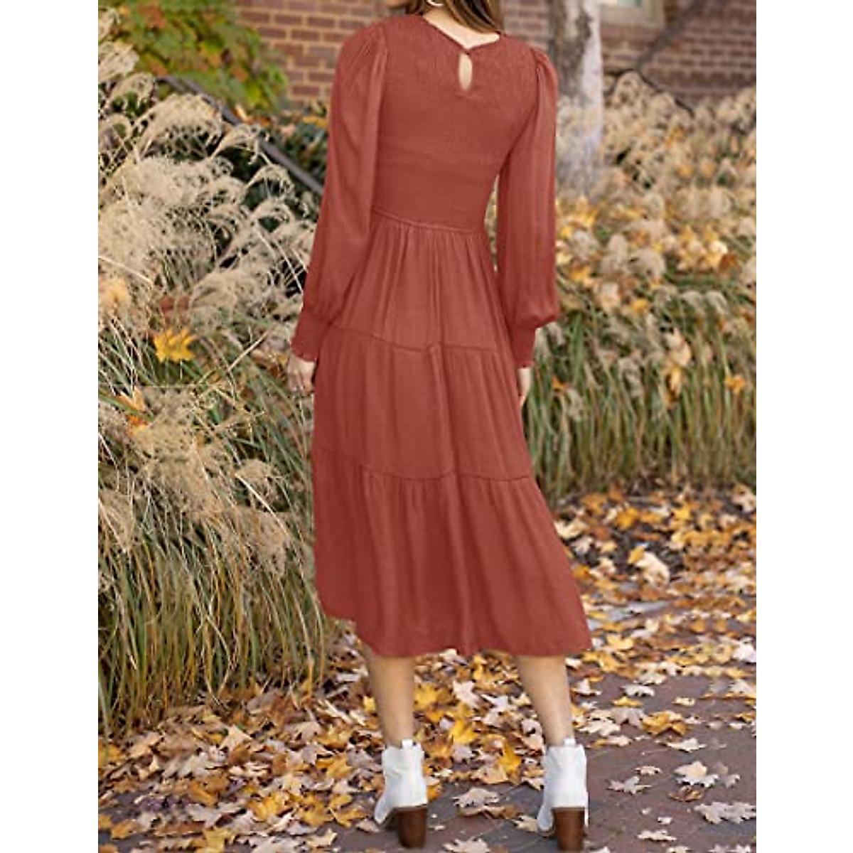 ZESICA Women's 2023 Casual Long Sleeve Crew Neck High Waist Smocked Flowy Tiered Midi Dress,Rust,Medium