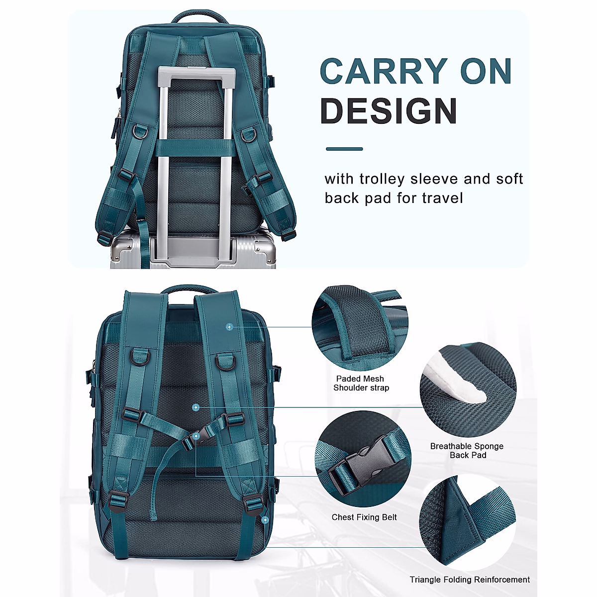 Large Travel Laptop Backpack, Expandable Flight Approved Backpack, Carry on Backpack for Women, Waterproof 17inch Laptop Hiking Backpack with Shoe Compartment, Peacock Blue