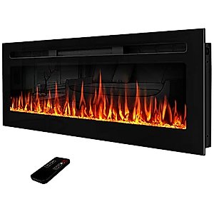 Upesitom 50" Electric Fireplace Recessed & Wall Mounted Fireplace Heater, Wall Fireplace Inserts, Mirrored Led Linear Fireplace with Remote Control, Timer, Adjustable Flame Color, 750/1500W, Black