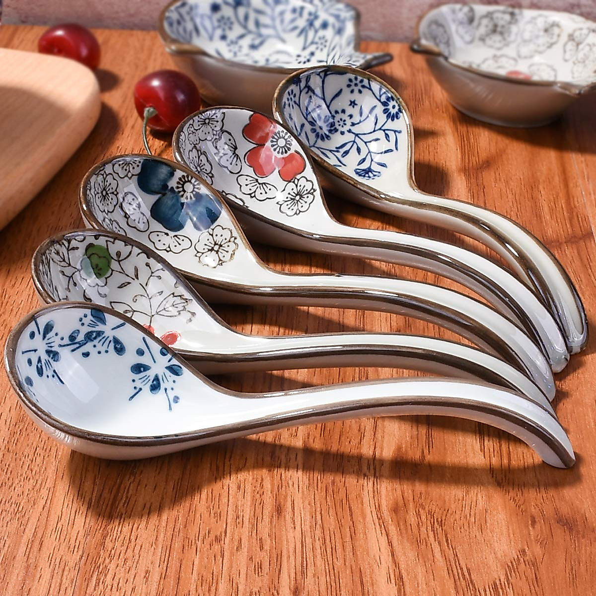 Japanese and Korean Ceramic Soup Spoons set of 5, Hand-Painted, Curved Spoons, Long Handle Rice Spoons