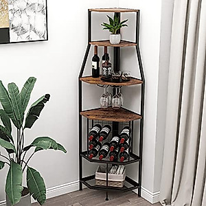 Espelism 5-Tier Corner Wine Rack Freestanding Floor with Glass Holder and Bottles Wine Storage Home Bar Furniture for Home Kitchen Dining Room Industrial Metal and Wooden Corner Shelf