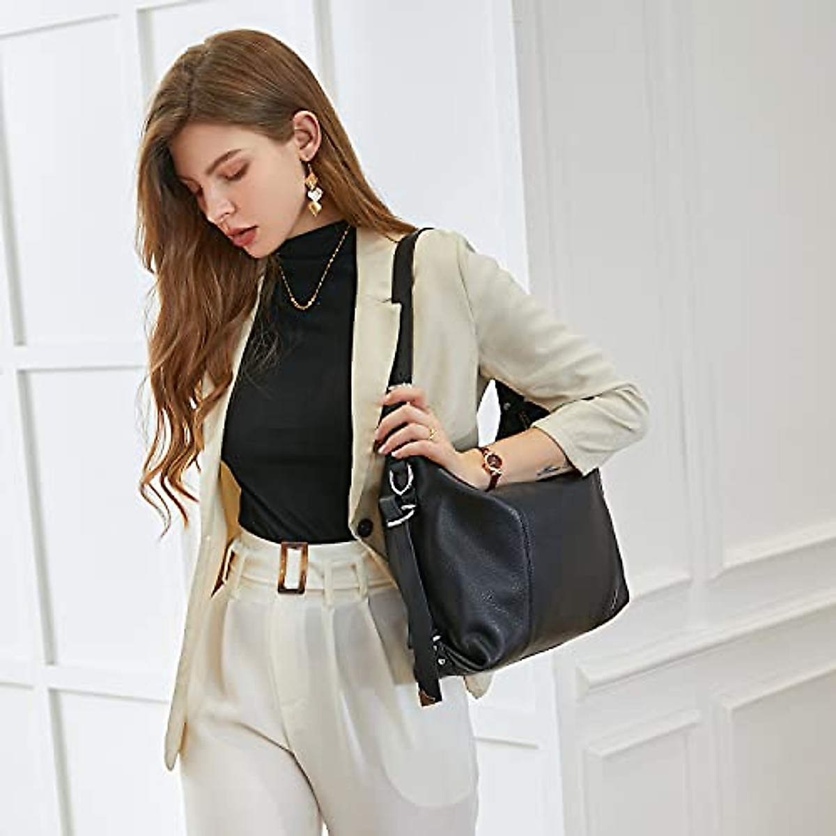 HESHE Vintage Genuine Leather Purses and Handbags for Women and Ladies Shoulder Bag Crossbody Bags (Black)