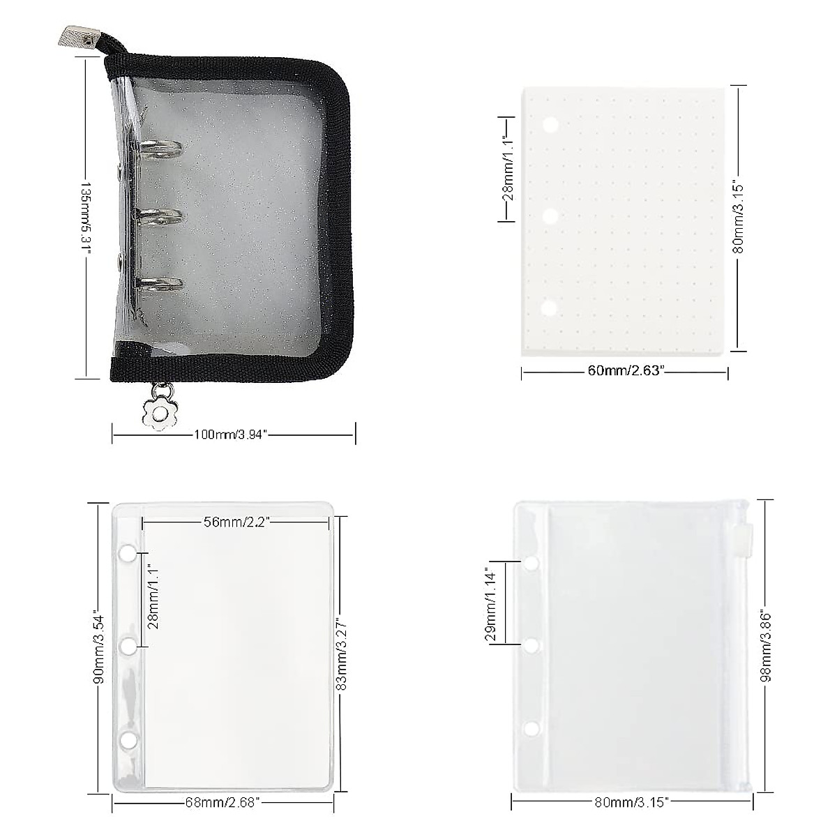 Mini Budget Binder with Cash Envelopes Set Black 3-Ring Zipper Binder Folders, 80 Sheets 3 Hole Dot Paper Refills and 12pcs Clear Mini Biner Pockets for Planner Budgeting System