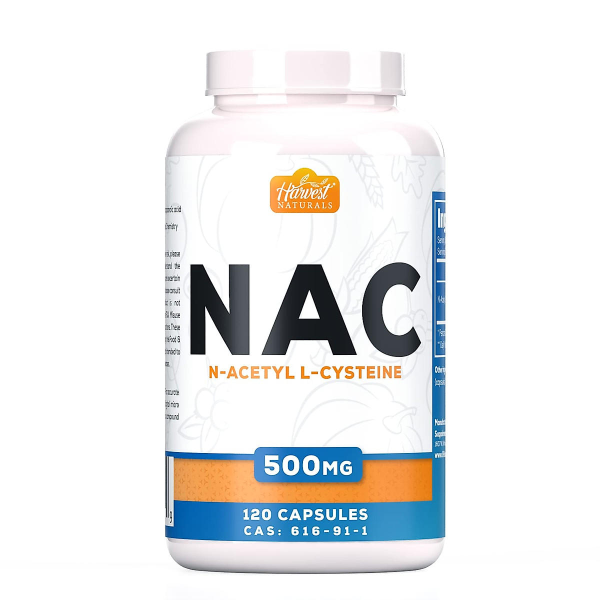 HARVEST NATURALS N-Acetyl L-Cysteine (NAC) Capsules | NAC 500mg | 120 Pill Count | Powerful Antioxidant Precursor & Liver Support | Lab Tested Ingredients