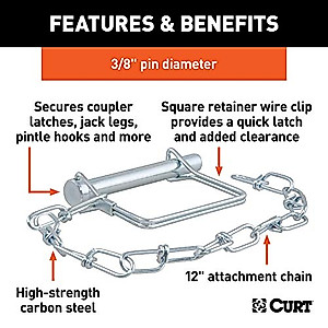 CURT 28000 Trailer Coupler Pin with 12-Inch Chain, 3/8-Inch Diameter x 2-3/4-Inch Long, Clear ZINC