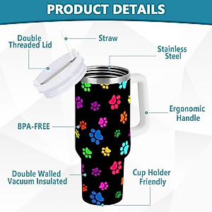 MCHIVER Color Paw Prints 40 oz Tumbler with Handle and Straw Stainless Steel Vacuum Water Bottle Leak-proof Travel Coffee Mug Insulated Tumbler for Office Car Home