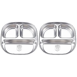 2 Pack Stainless Steel Divided Plate Small Child Plate with 3-Compartment, Portion Control Serving Platter, Mess Food Sectioned Tray for Dinner, Lunch, Cafeteria, Kids 6 inches