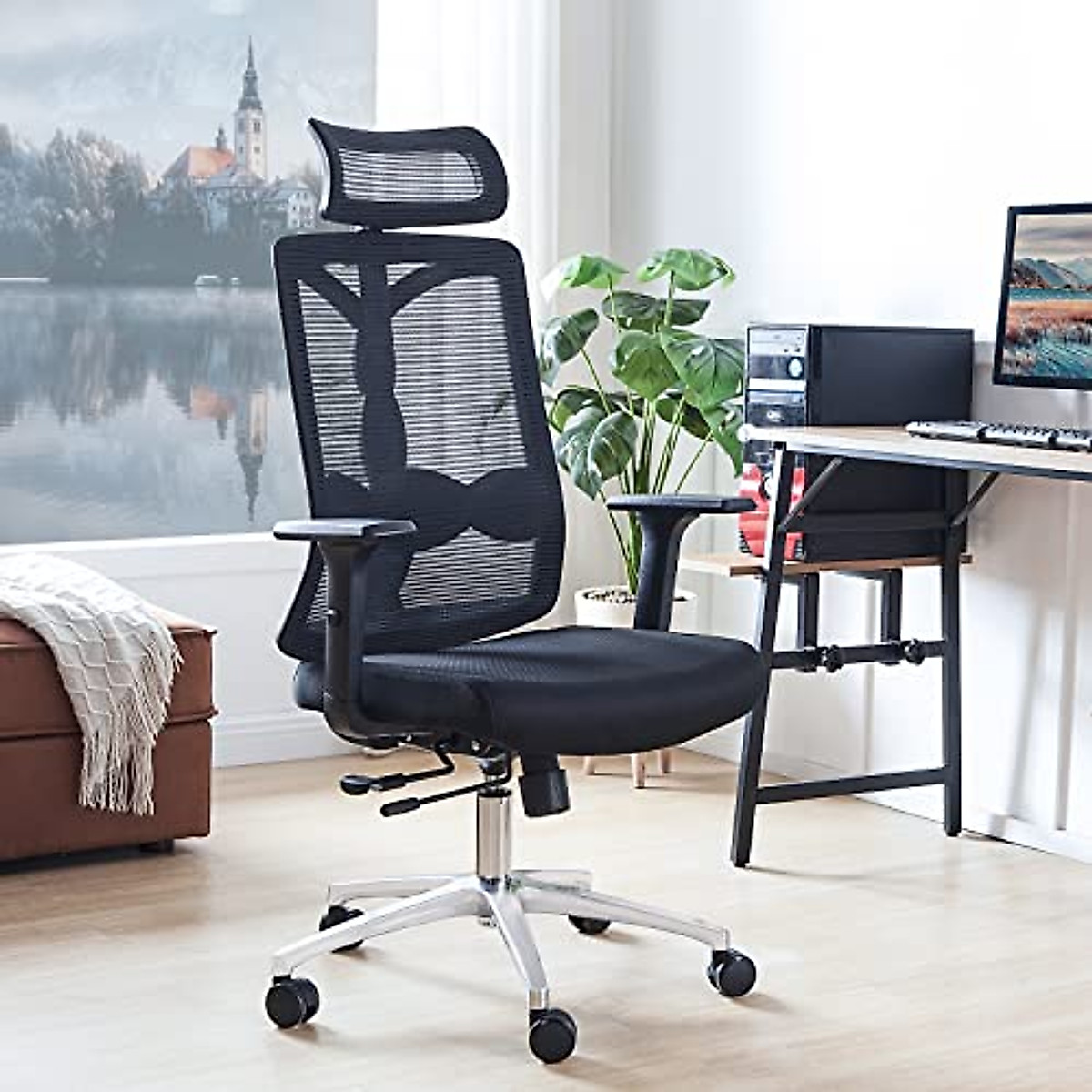 Office Chair Ergonomic,Computer Chair with Neck and Lumbar Support,Mesh Office Chair with Adjustable Headrest,Backrest,Armrest & Seat Depth,Thick Seat Cushion,Office Chairs for Home Office,Black