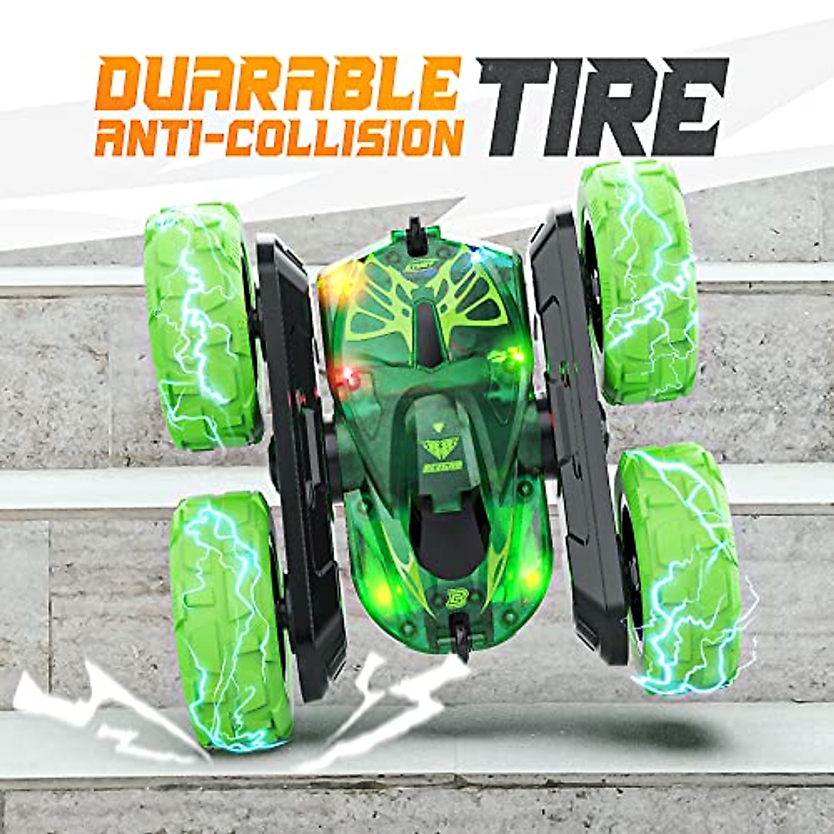 BEZGAR LED Remote Control Car for Boys, 2.4GHz Double Side 360 Flips RC Stunt Car for Boys 8-12, 4WD All Terrain Stunt Car with Rechargeable Battery