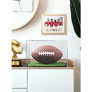 Upgraded Assemblable Acrylic Football Display Case- Clear Football Storage Box Grandstand Football Showcase with Artificial Grass Pad & Black Base & Oval Ball Holder for Sport Lover Football Display