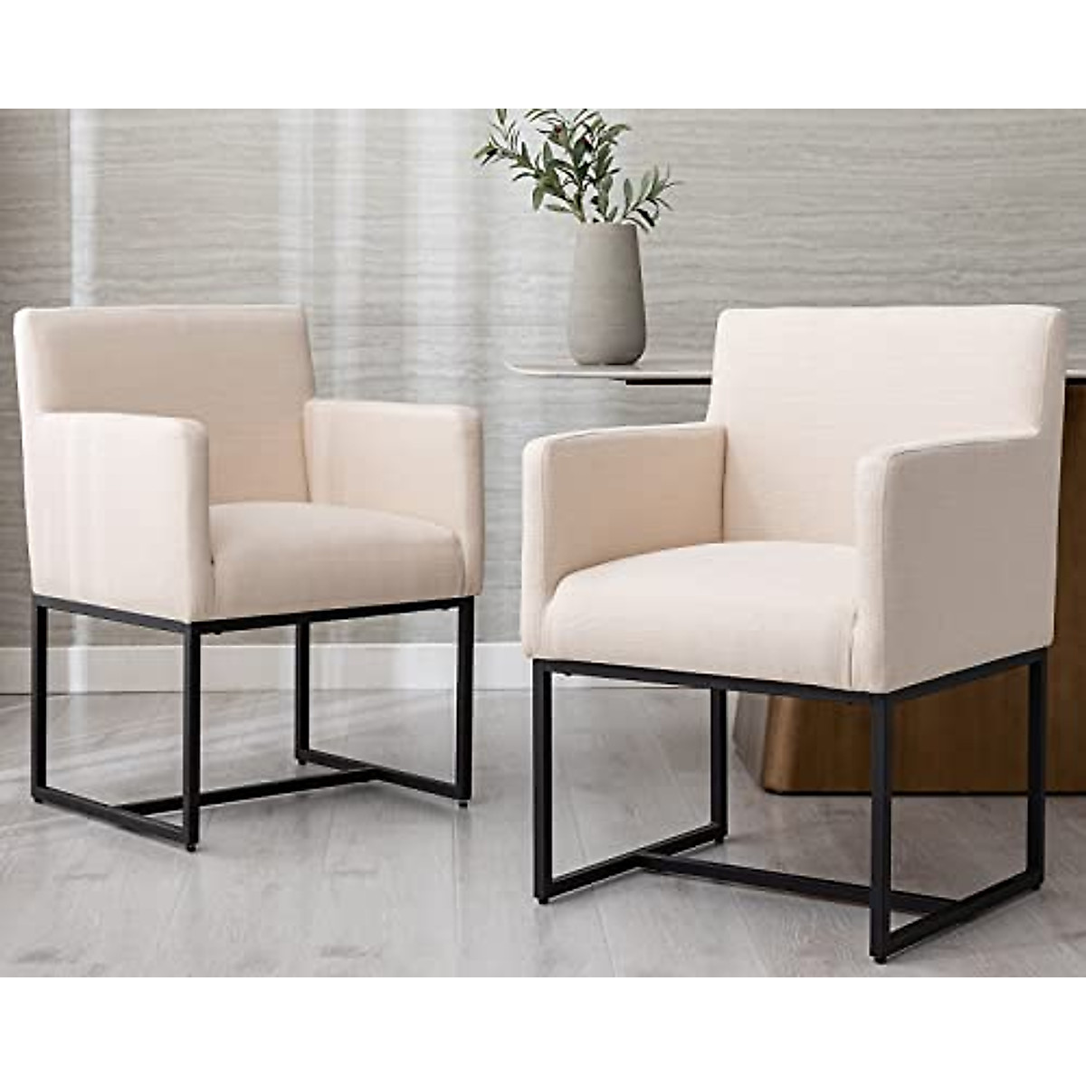 HNY Mid Century Modern Upholstered Dining Chairs with Arms Set of 4, Linen Accent with Black Finish Metal Frame, 19'' Wide for Living Room Kitchen Bedroom, Cream, Cream-linen-black Frame