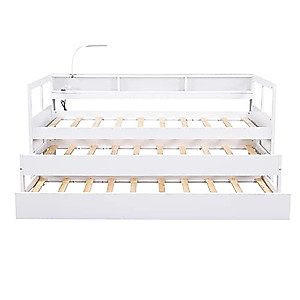 RORIGAT Twin XL Wood Daybed with 2 Trundles, 3 Storage Cubbies, 1 Light for Free and USB Charging Design, No Box Spring Needed, Wooden Platform Bed for Kids Teens Adults,White