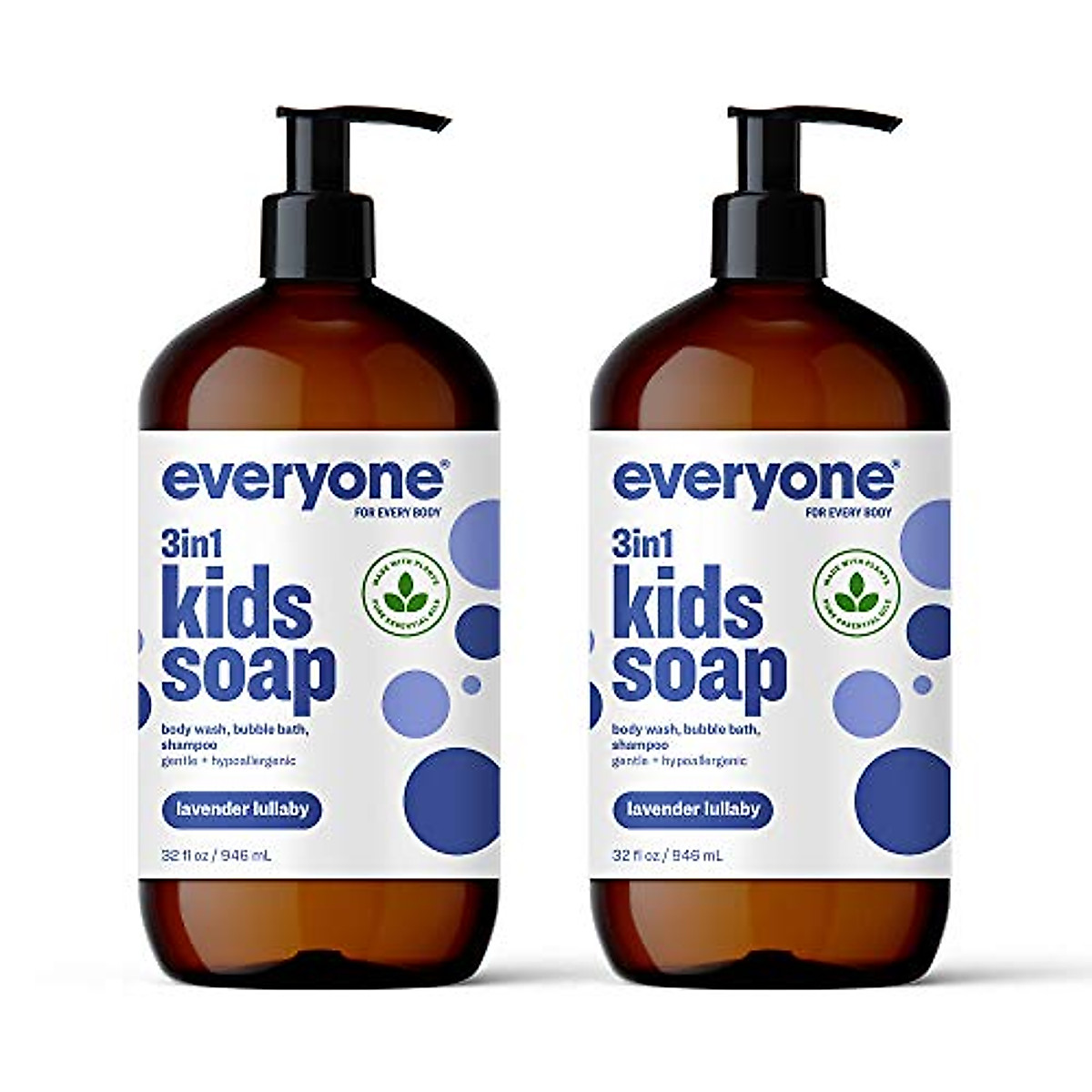 Everyone 3-in-1 Kids Soap, Body Wash, Bubble Bath, Shampoo, 32 Ounce (Pack of 2), Lavender Lullaby, Coconut Cleanser with Plant Extracts and Pure Essential Oils