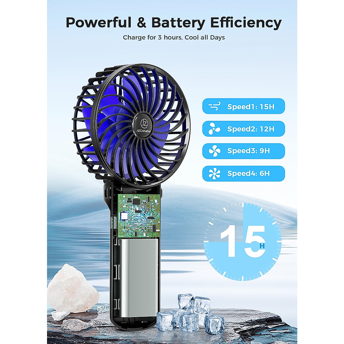 JZCreater Mini Handheld Fan,Portable Hand Held Fan, 15H Cooling Fan, Quiet 4 Speed, USB Rechargeable Battery Operated Desk Fan, Small Folding Electric Fan for Travel Outdoor Home Office Makeup, BLACK