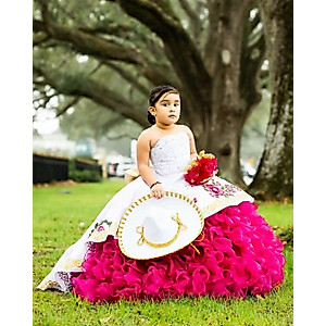 Hot Pink Floral Flower Patterns Ball Gowns for Toddler Infant Cupcake Flower Girl Dresses for Wedding with Straps Gold Embroidery White Satin Ruched 6