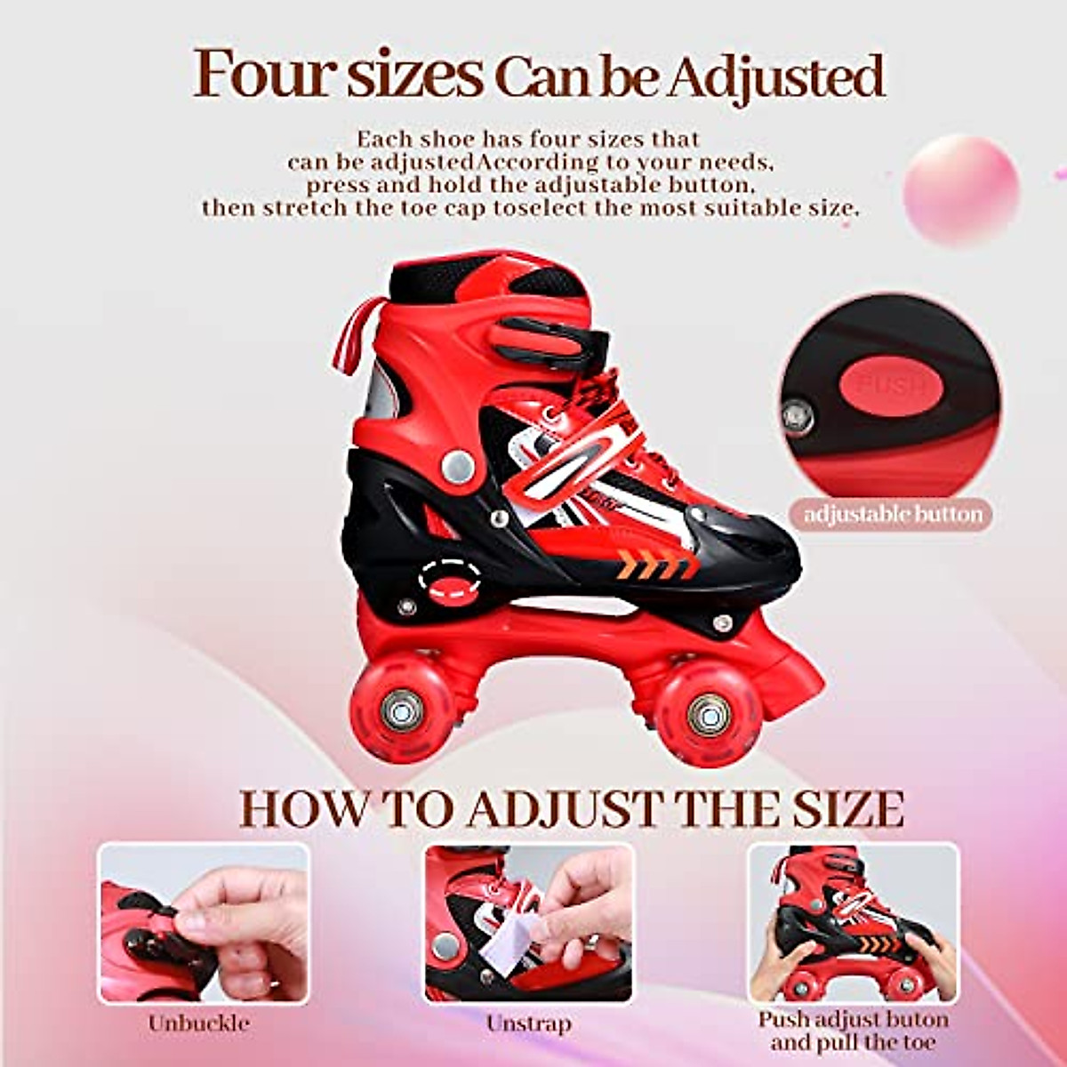 Perzcare Roller Skates for Girls/Boys, Kids Roller Skates for Daughter/Granddaughter/Son/Grandson Outdoor/Indoor Adjustable 4 Sizes with Light Up Wheels for Beginner