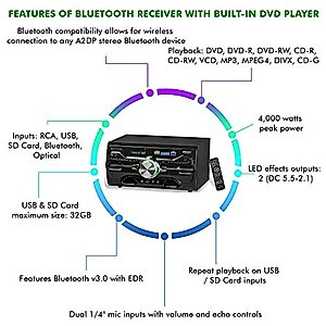 Technical Pro 4000 Watts Professional Bluetooth Home Audio Receiver w/Built-in DVD Player, Dual 1/4'' Mic and USB SD Inputs, Volume and Echo Controls, Remote Included, for Karaoke, Parties and More