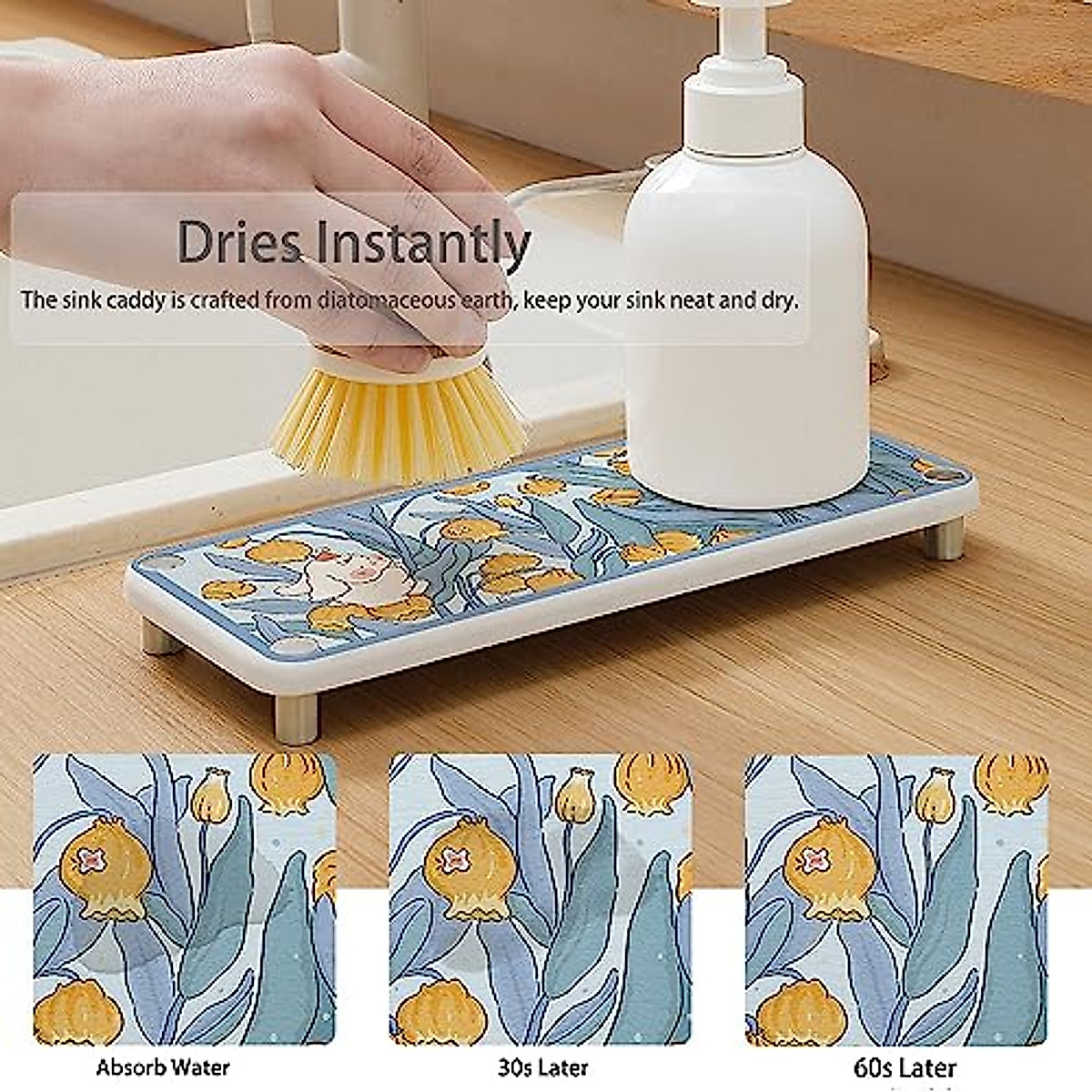 Jeeuear Sink Caddy Instant Dry Sink Organizer Kitchen Sink Organizer Bathroom Counter Organizer Sink Tray Sponge Soap Holder for Bottles Kitchen Decor Flower Pink