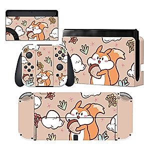 PlayVital Full Set Protective Stickers for Nintendo Switch OLED Model, Customized Vinyl Decal Skins for Switch OLED Console & Joycon & Dock & Grip - Squirrel with Acorn