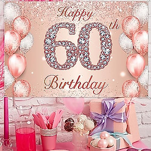 Happy 60th Birthday Rose Gold Banner Cheers to 60 Years Old Backdrop Confetti Balloons Theme Decor for Women 60 Years Old Pink Birthday Party Decorations Bday Supplies Background Favors Gift Glitter